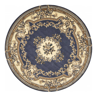 8' Blue Machine Woven Hand Carved Floral Medallion Round Indoor Area ...