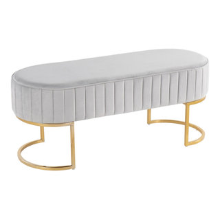 Demi Glam Pleated Bench, Gold Steel/Silver Velvet - Contemporary ...