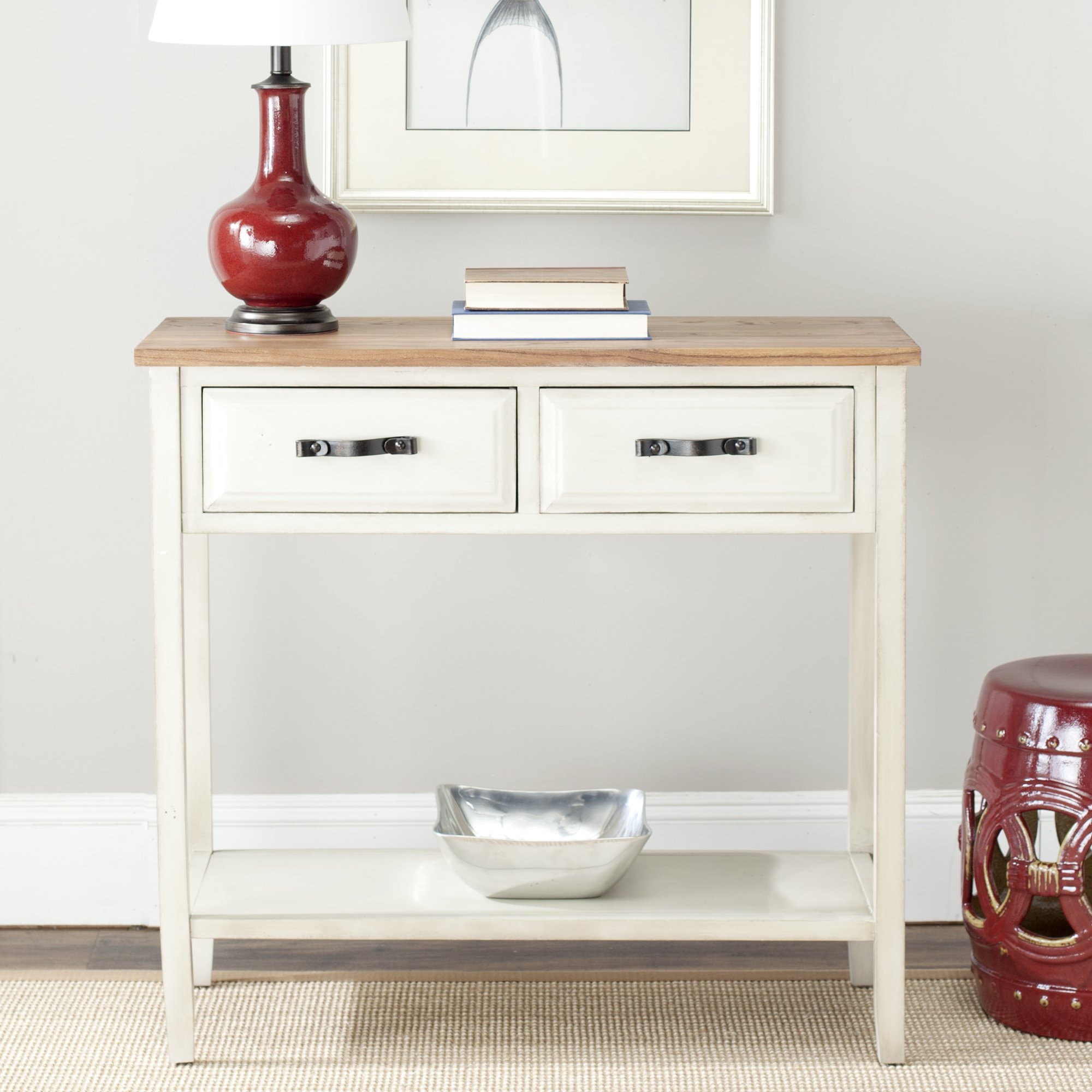 Country Console Table, 2 Storage Drawers With Unique Metal Pulls, White ...