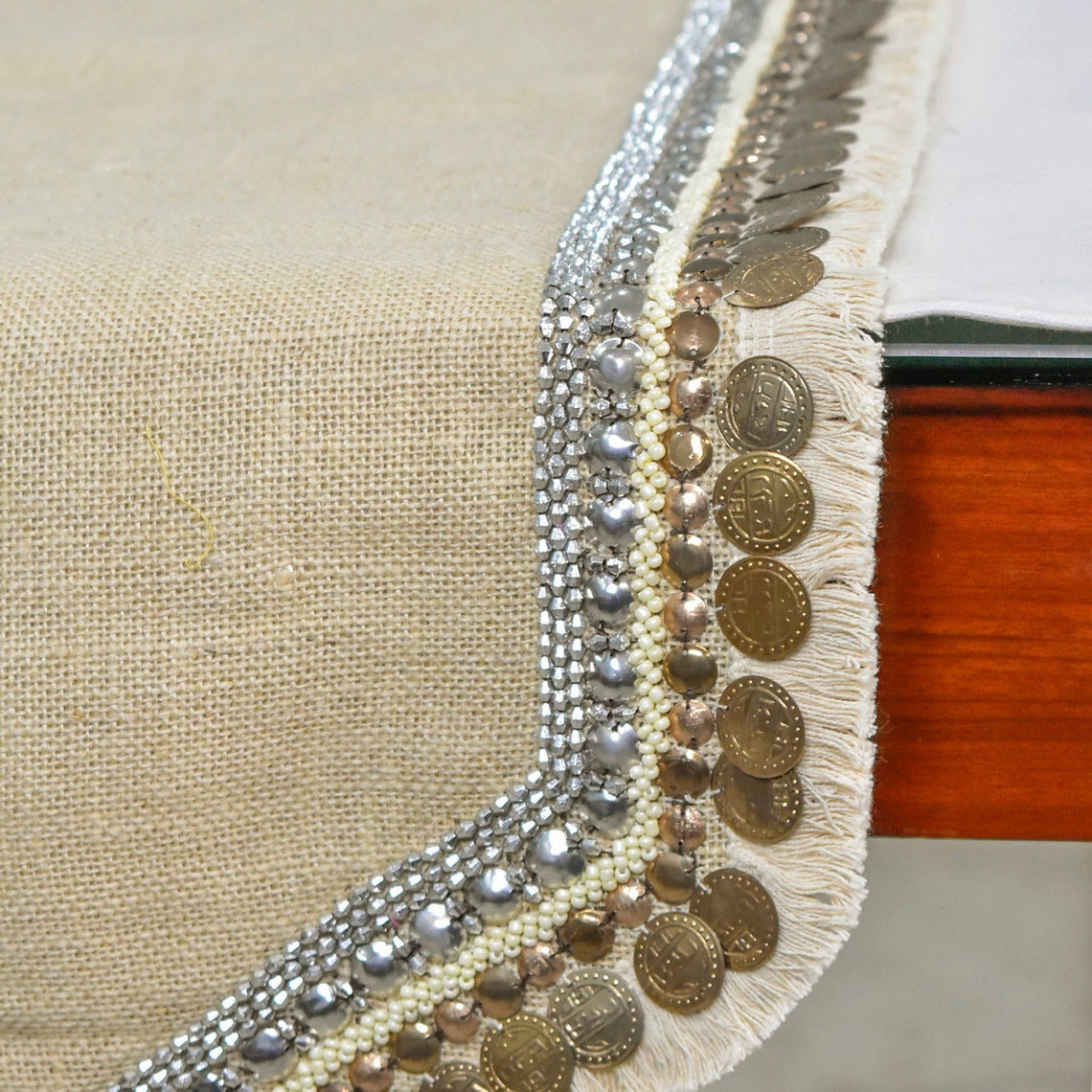 Decorative Table Runner Beige Burlap, Lace, Bead, Sequins Marima, 16 ...