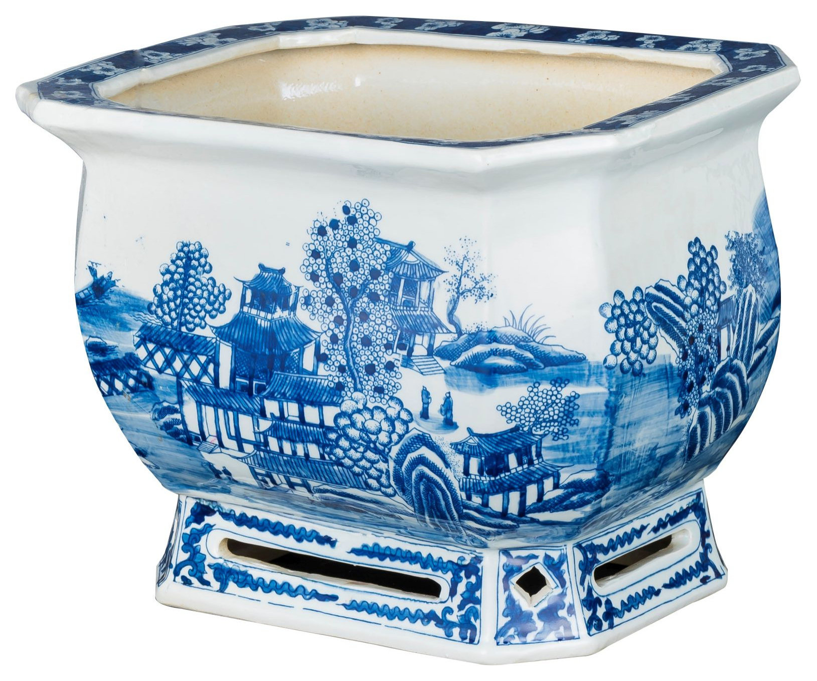 Blue & White Porcelain Landscape Foot Bath - Asian - Indoor Pots And ...
