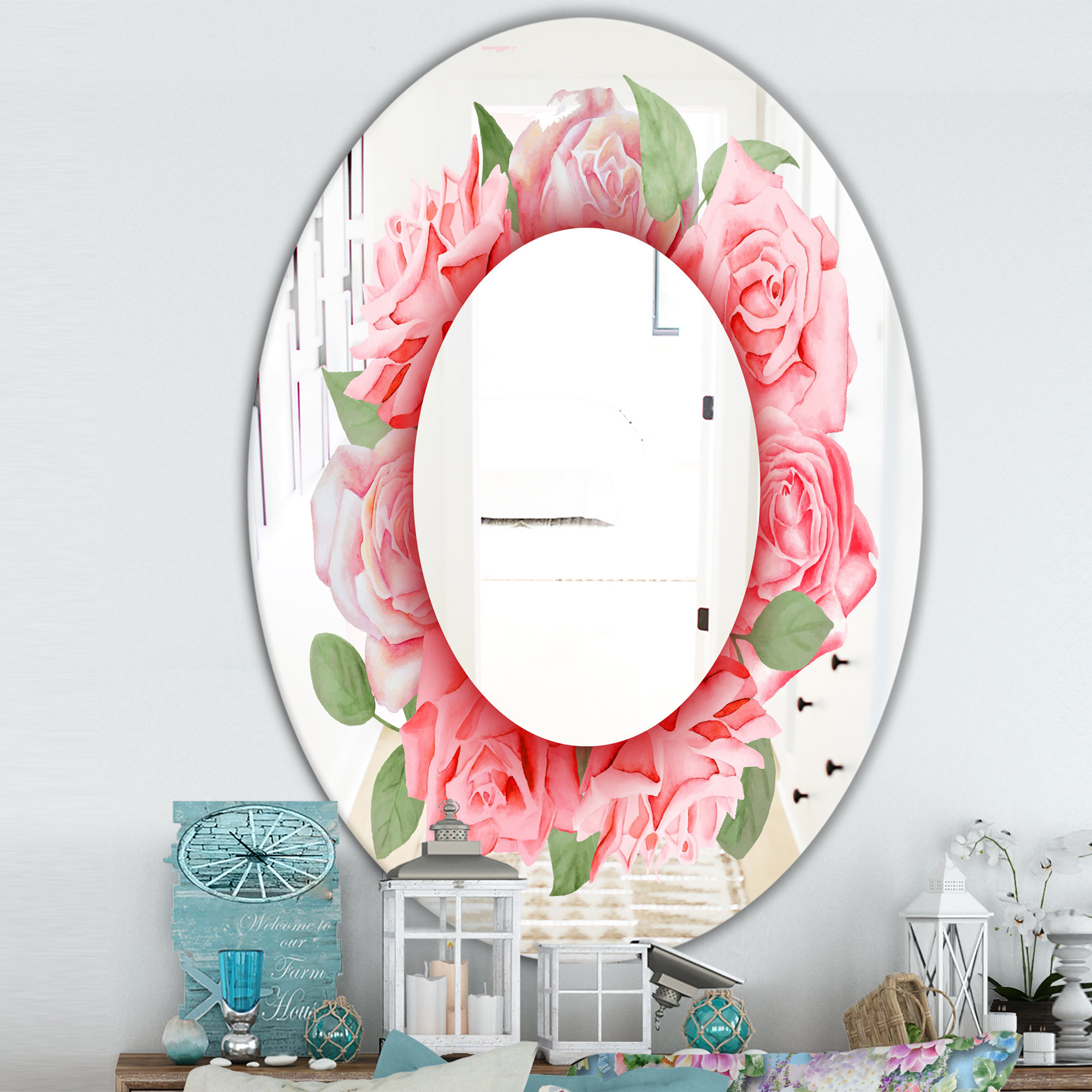 Designart Pink Roses Leaves Farmhouse Oval Or Round Wall Mirror, 24x36 ...