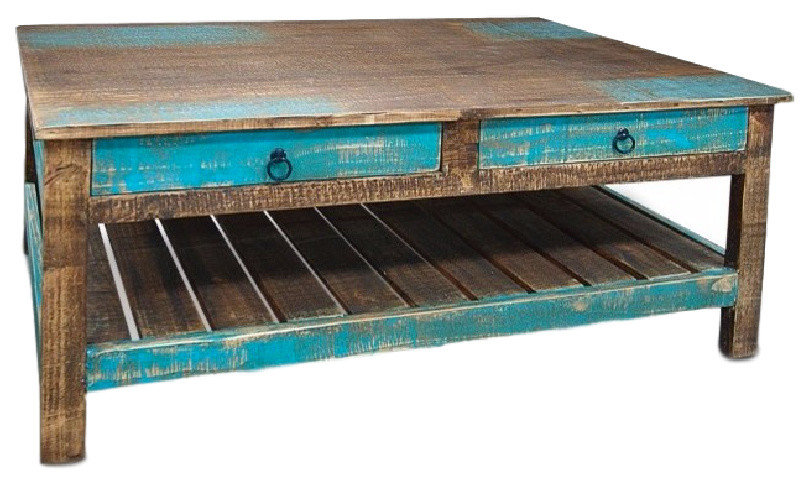 Rustic Distressed Solid Wood Coffee Table With Drawers - Beach Style ...