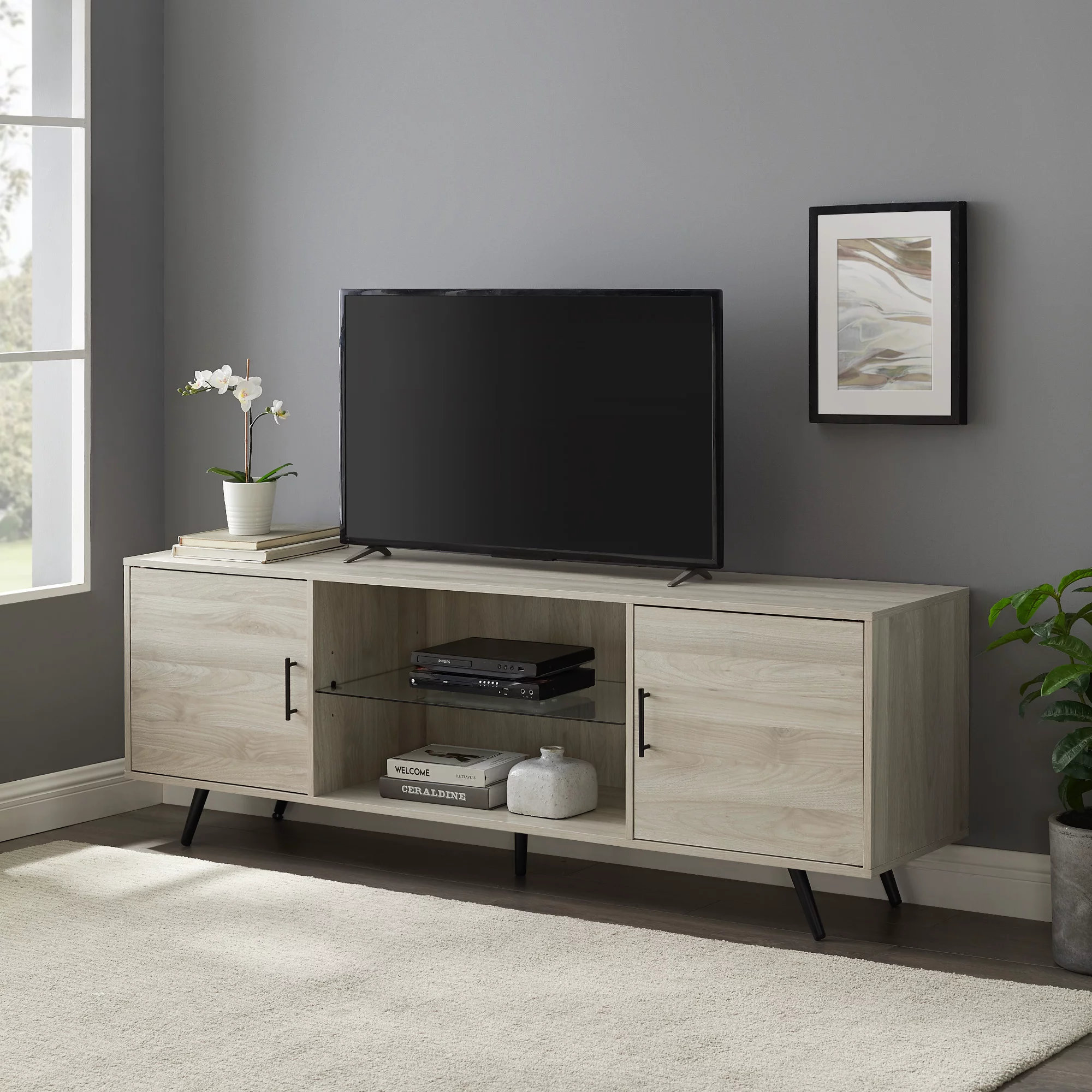 Retro Modern TV Stand, Angled Legs With Side Cabinets & Glass Shelf ...