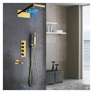 Modena Gold Plated Waterfall and Rainfall LED Showerhead Set ...