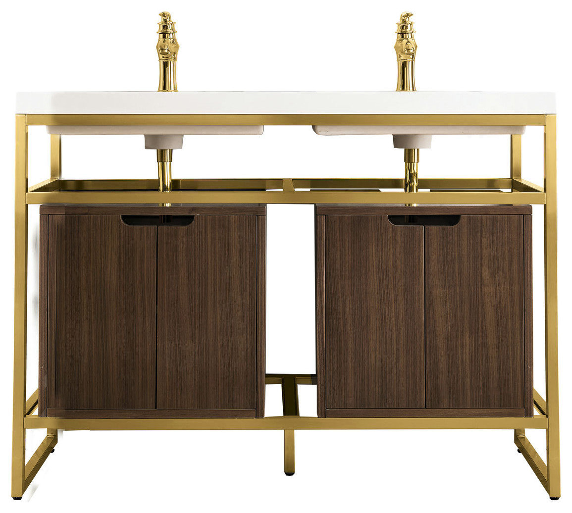 Boston 47" Sink Console Radiant Gold, Walnut Storage Cabinet White ...