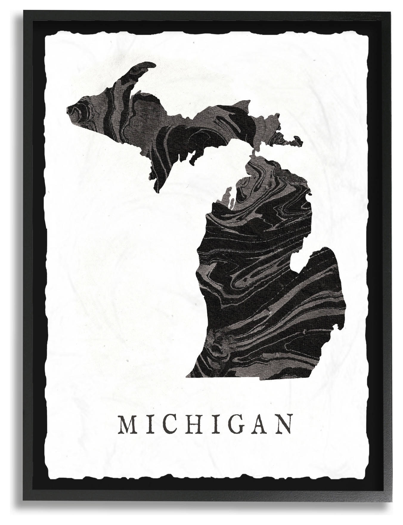 Black and Grey Marbled Paper Michigan State Silhouette Framed Giclee ...