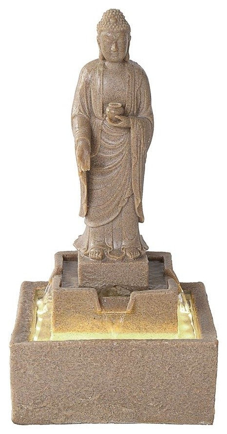 Buddha Fountain Square Base W/ Led - Asian - Outdoor Fountains And ...