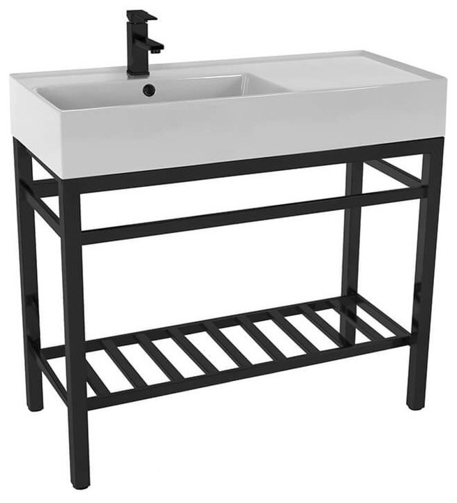 Modern Ceramic Console Sink With Counter Space and Matte Black Base ...