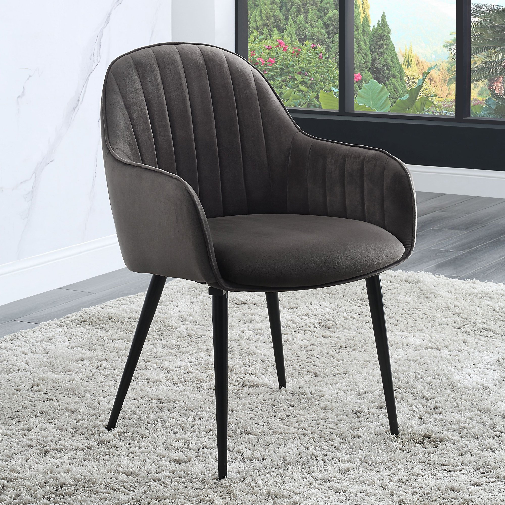 Mid Century Dining Chair, Angled Black Legs & Gray Seat With Channel ...