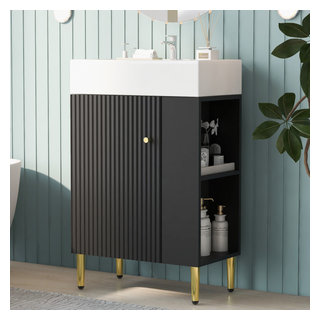 Small Bathroom Vanity Set with Single Ceramic Sink, Right side storage ...