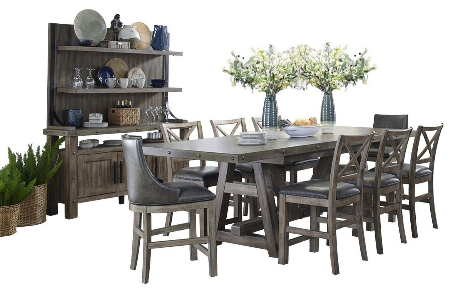 Lodge Dining Counter Table With 8 Stools Buffet With Hutch - Farmhouse ...