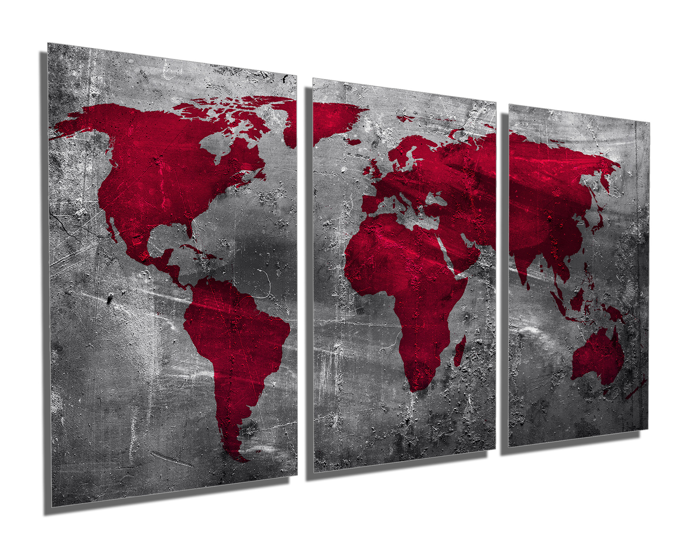 Abstract Deep Red World Map, Metal Print Wall Art, 3 Panel Split ...