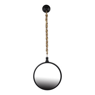 Benzara Round Metal Wall Mirror with Chain Hanger, Black and Gold ...