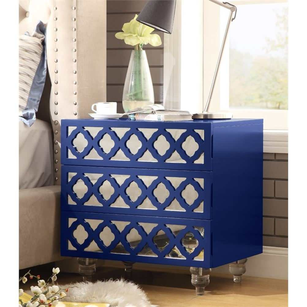 Posh Living Serenity 3-Drawer Mirrored Trellis Pattern Nightstand in Navy Blue - Eclectic ...