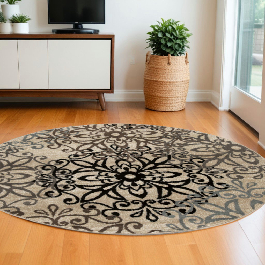 8' Beige Black And Gray Medallion Round Rug - Contemporary - Area Rugs ...