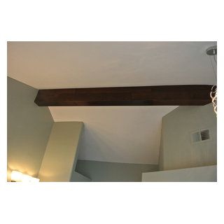 Drywall Ceiling Beams Wrapped in Distressed Hardwood Flooring - Modern ...