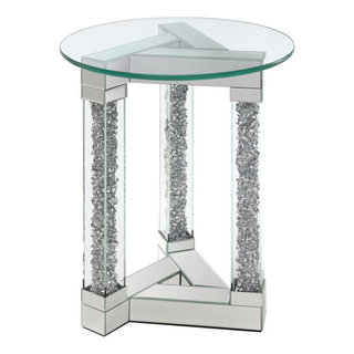 Round Glass End Table with Mirrored Trim and Rhinestone-Accented Base ...