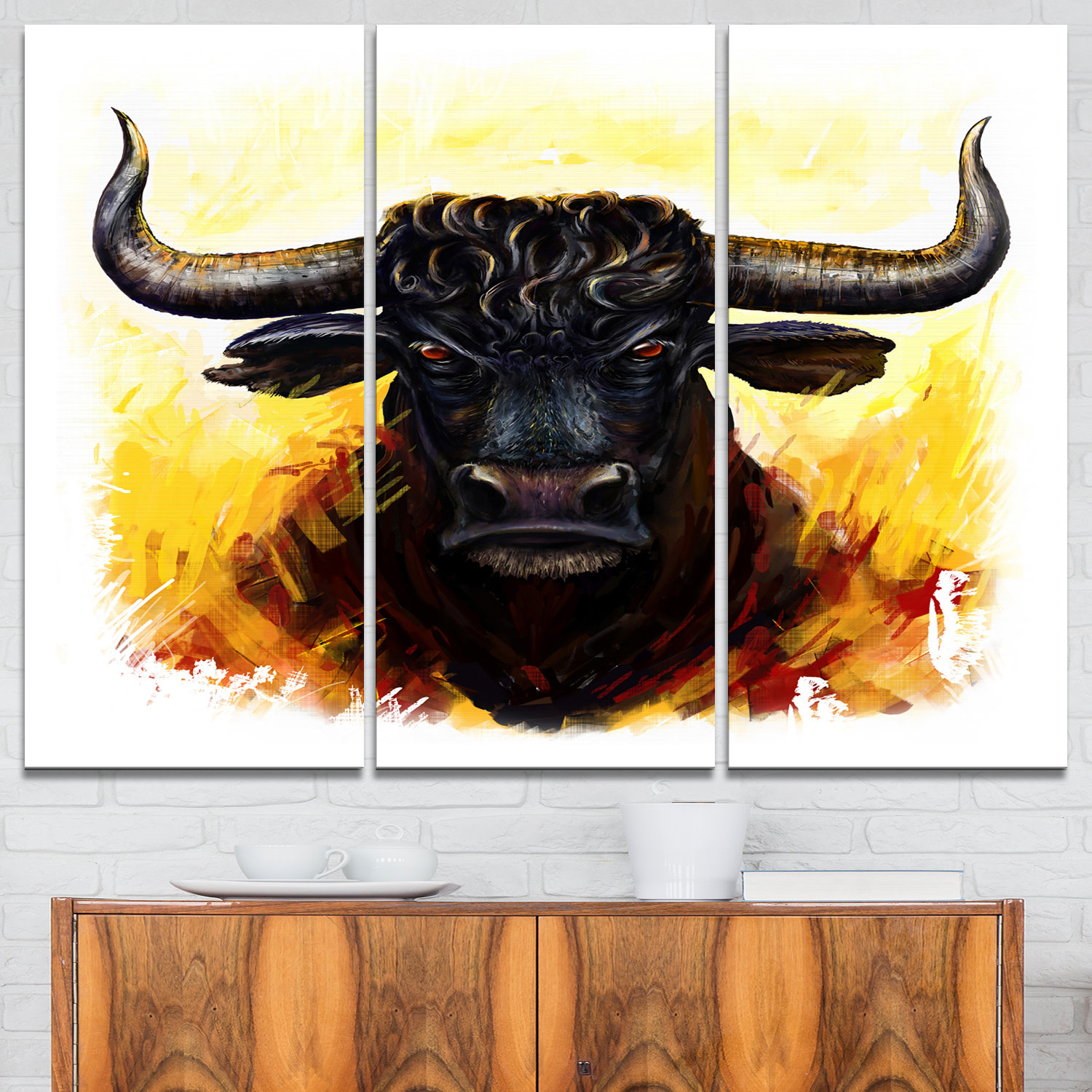 "Fierce Bull Illustration" Animal Canvas Print, 36"x28" 3 Panel ...