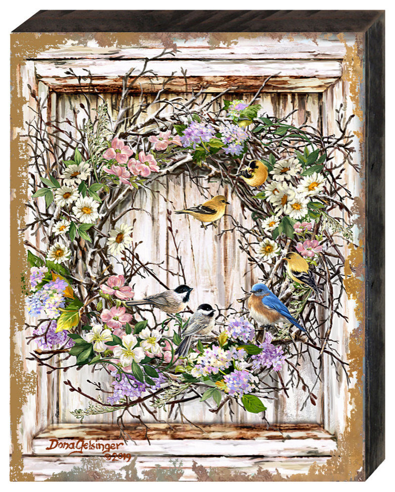 Spring Wreath Wooden Block by, 12 x 9 - Contemporary - Outdoor Wall Art ...