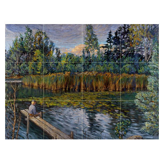 Tile Mural ANGLER water trees river lake reeds Backsplash, Four Inch ...