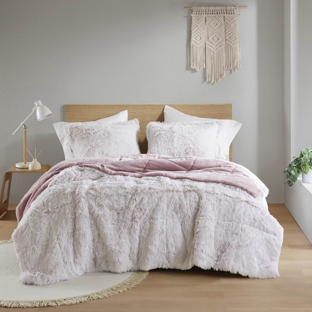Malea Shaggy Faux Fur Comforter Mini Set in Pink/White Color ...
