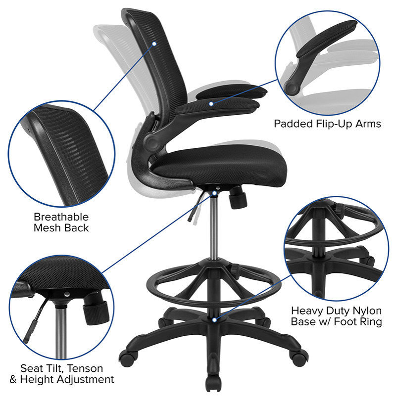 Mid-Back Black Mesh Ergonomic Drafting Chair, Adjustable Foot Ring, Flip-Up Arms - Contemporary ...