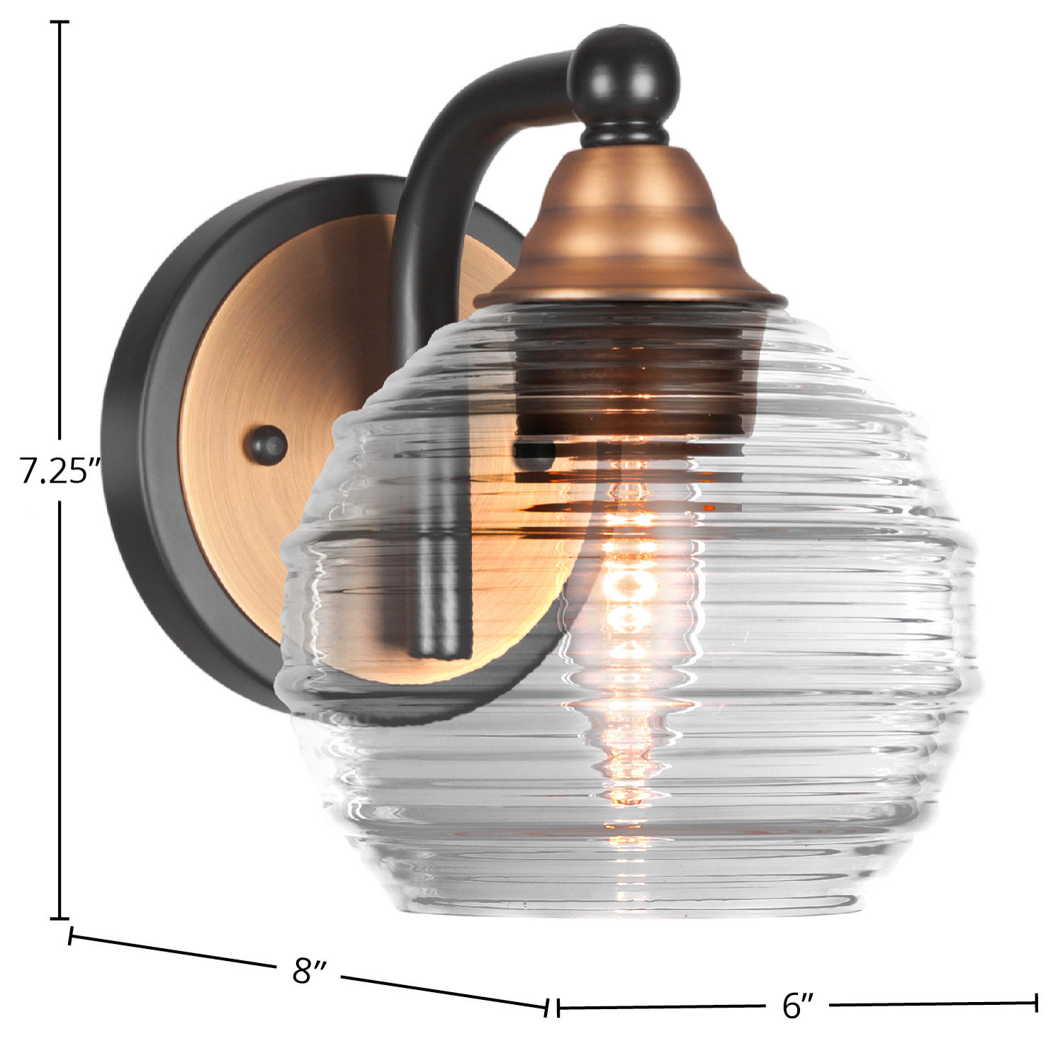 Paramount Wall Sconce, Matte Black & Brass, 6" Clear Ribbed Glass ...