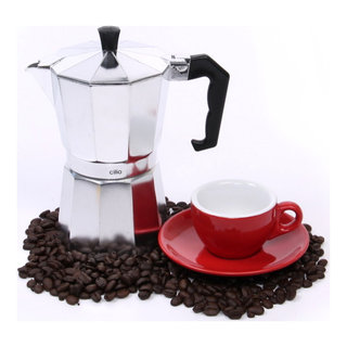 Cilio Classico Espresso Maker with Cilio Roma Red Espresso Cup & Saucer ...