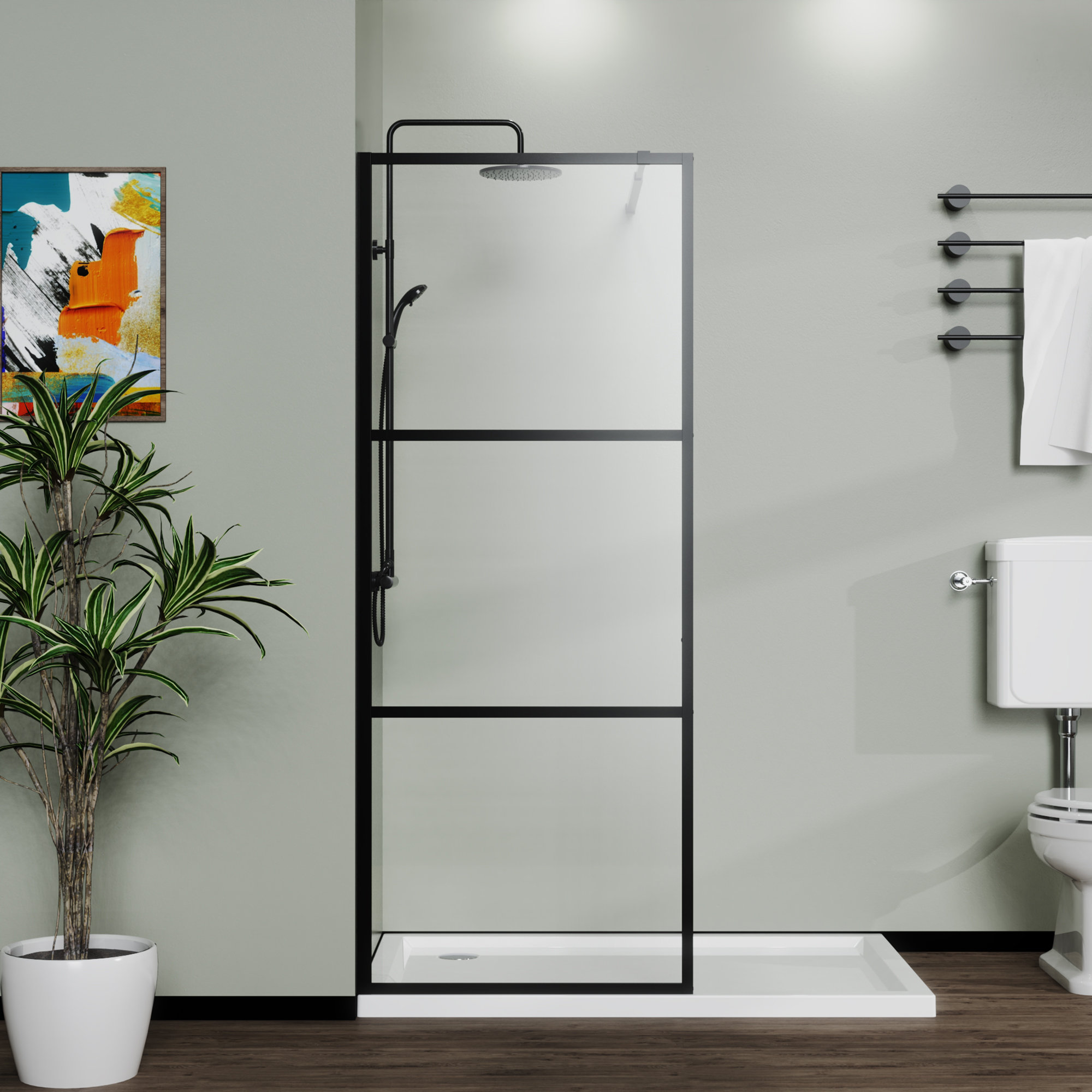 34" W x 72" H Frameless Fixed Shower Screen, Black - Contemporary ...
