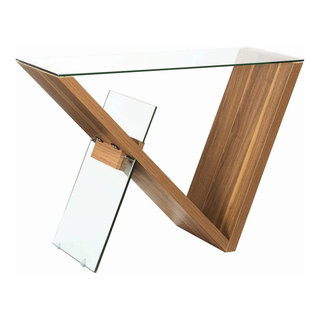 Glass Top Sofa Table with V Shaped Wooden Base, Clear and Brown ...