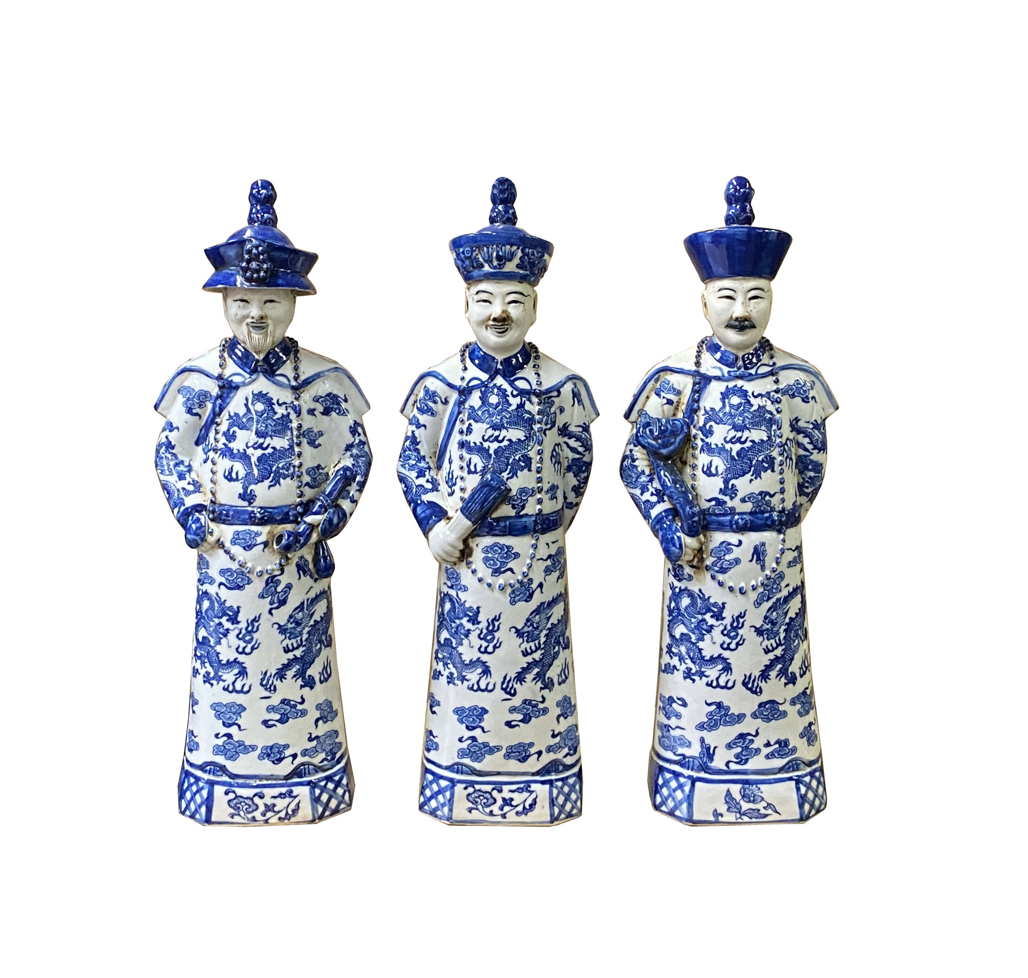 Chinese Blue White 3 Standing Ching Qing Emperor Kings Figure Set ...