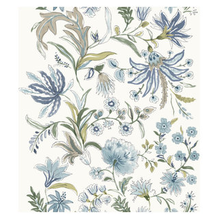 Teonna Blue Floral Stripe Wallpaper, Swatch - Contemporary - Wallpaper ...