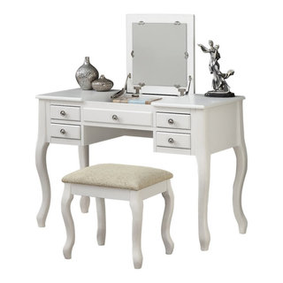 Poundex Furniture Wood Vanity Set with Stool and Mirror in Silver ...