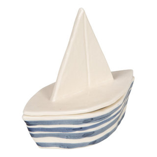 Stoneware Sailboat Shaped Box With Stripes, Blue and White - Beach ...
