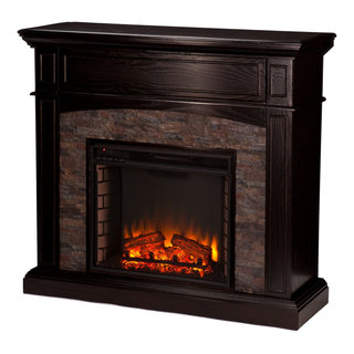 Electric Fireplace TV Stand in Ebony, Crown Molded Top, Faux River ...