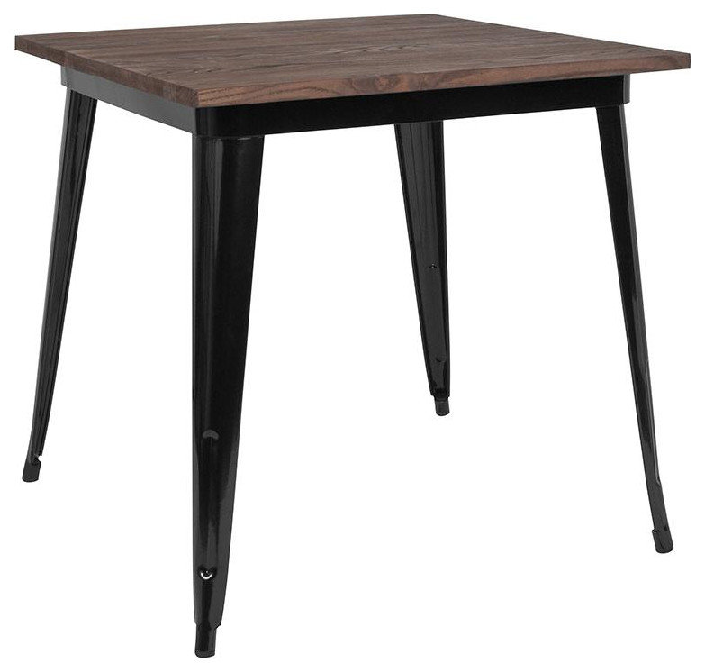 31.5" Square Metal Indoor Table With Walnut Rustic Wood Top, Black ...