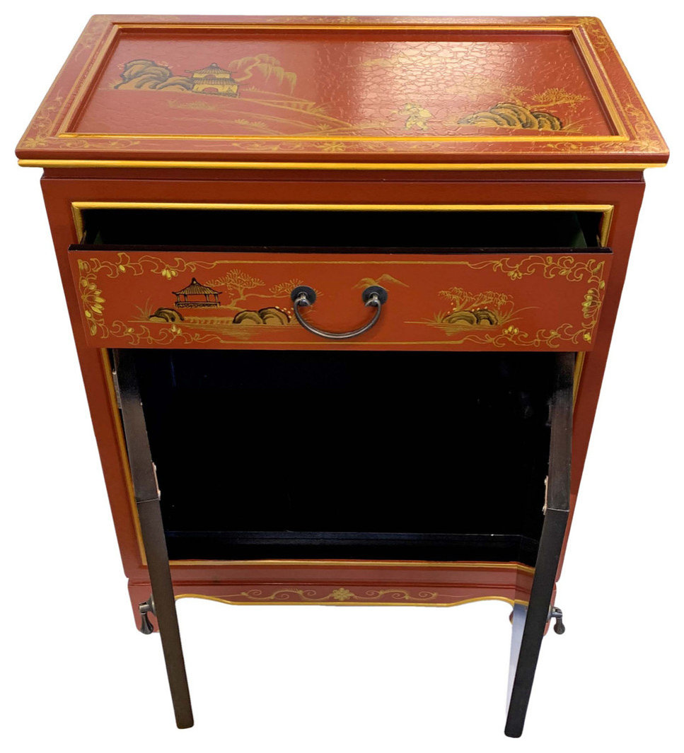 30"H. Asian Shoe Cabinet Hand Painted Landscape on Antique Red - Asian ...