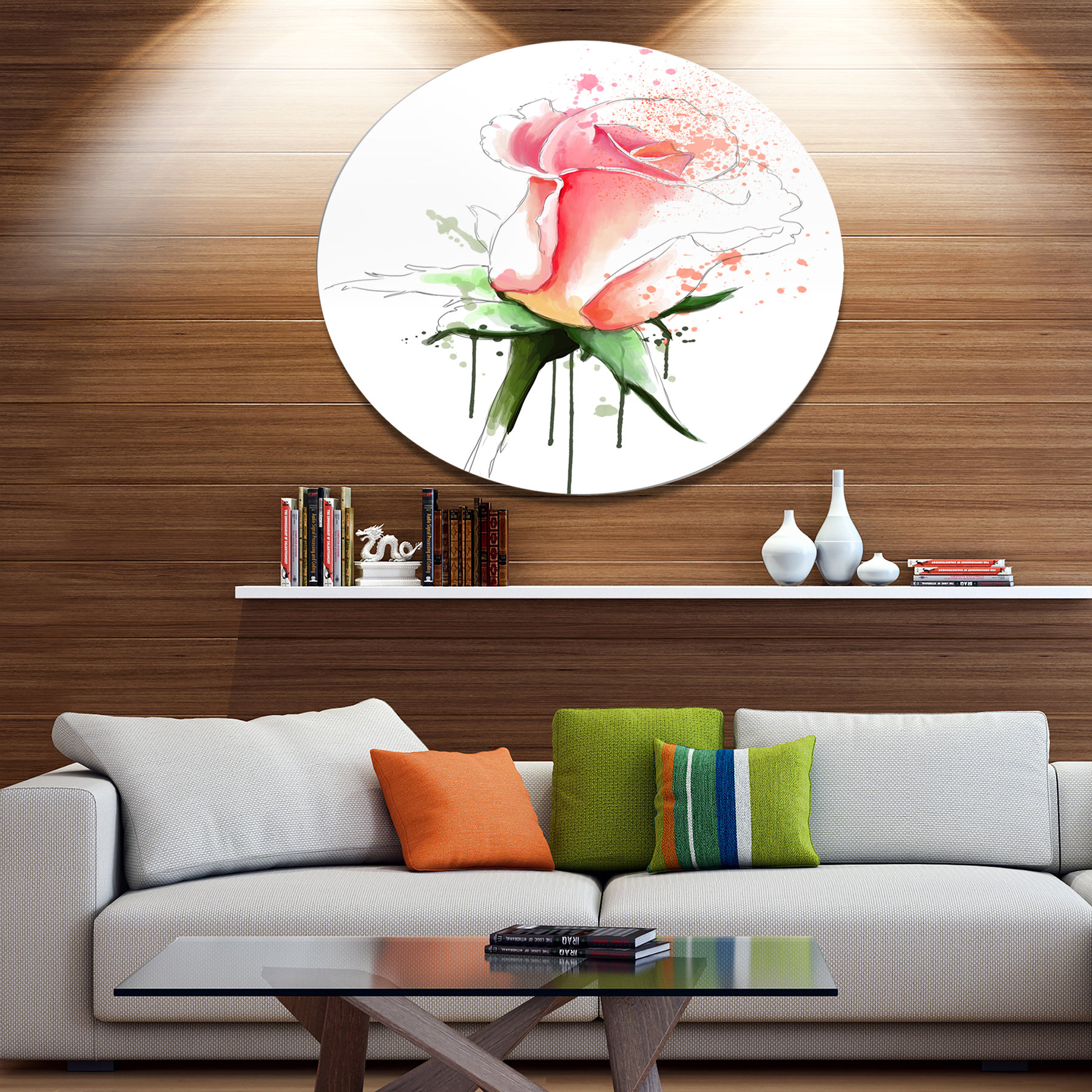 Pink Rose Sketch With Green Calyx, Floral Round Wall Art, Disc of 36 ...