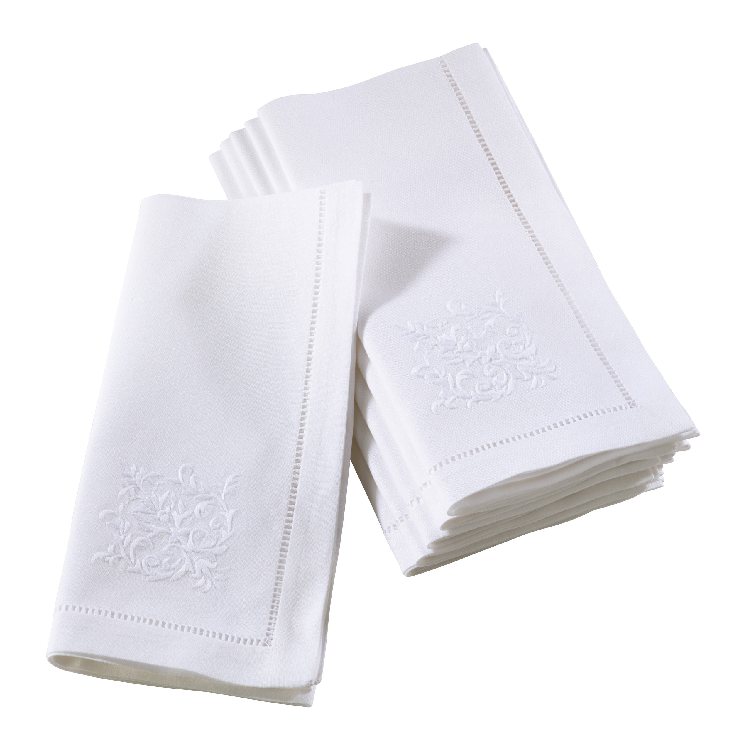 Embroidered Fleur Design Hemstitched Trim Border Cotton Napkin - Set of ...