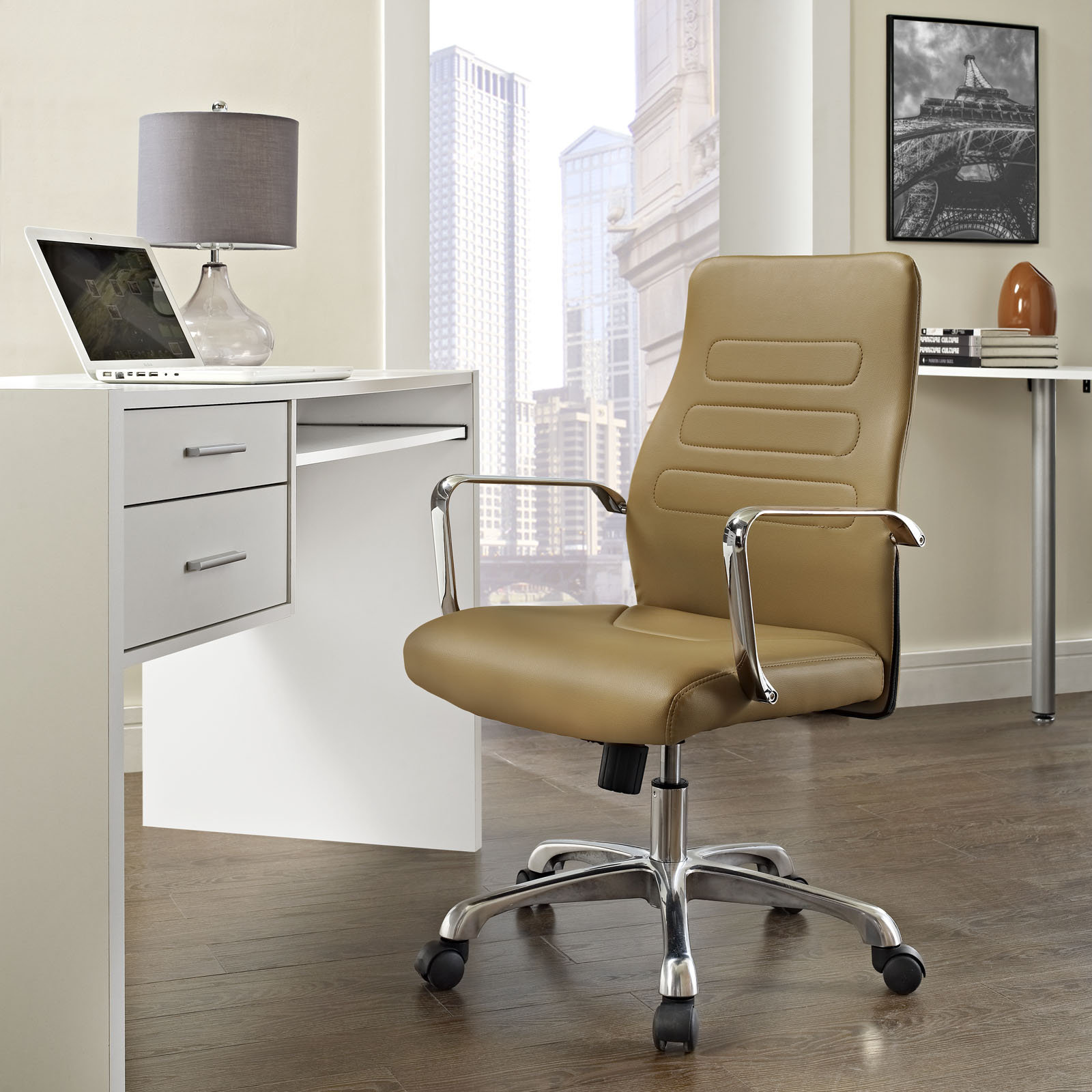 Modern Contemporary Aluminum Office Chair, Brown Faux Leather ...