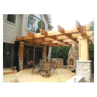 Cedar pergola with 4x12 rafters and beams and stone columns - Terrace ...
