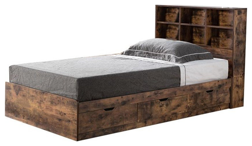 Wooden Frame 3 Drawers Full Size Chest Bed Distressed Brown - Rustic ...