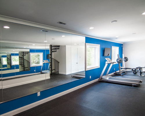 Best Transitional Home Gym with Blue Walls Design Ideas & Remodel ...