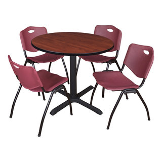 Cain 36 Round Breakroom Table- Cherry & 4 'M' Stack Chairs- Burgundy ...