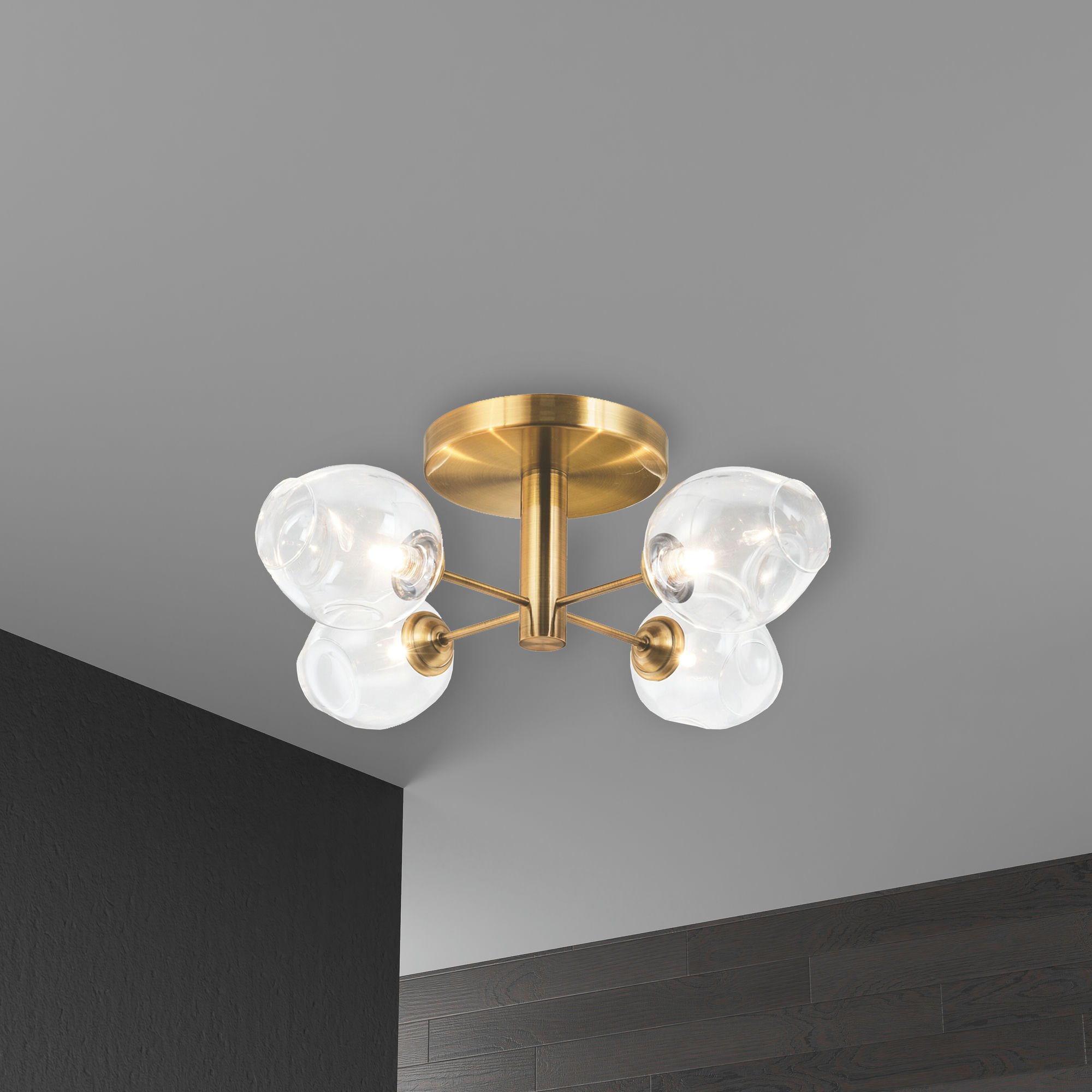 4 Light Halogen Semi Flush, Vintage Bronze with Clear Glass ...