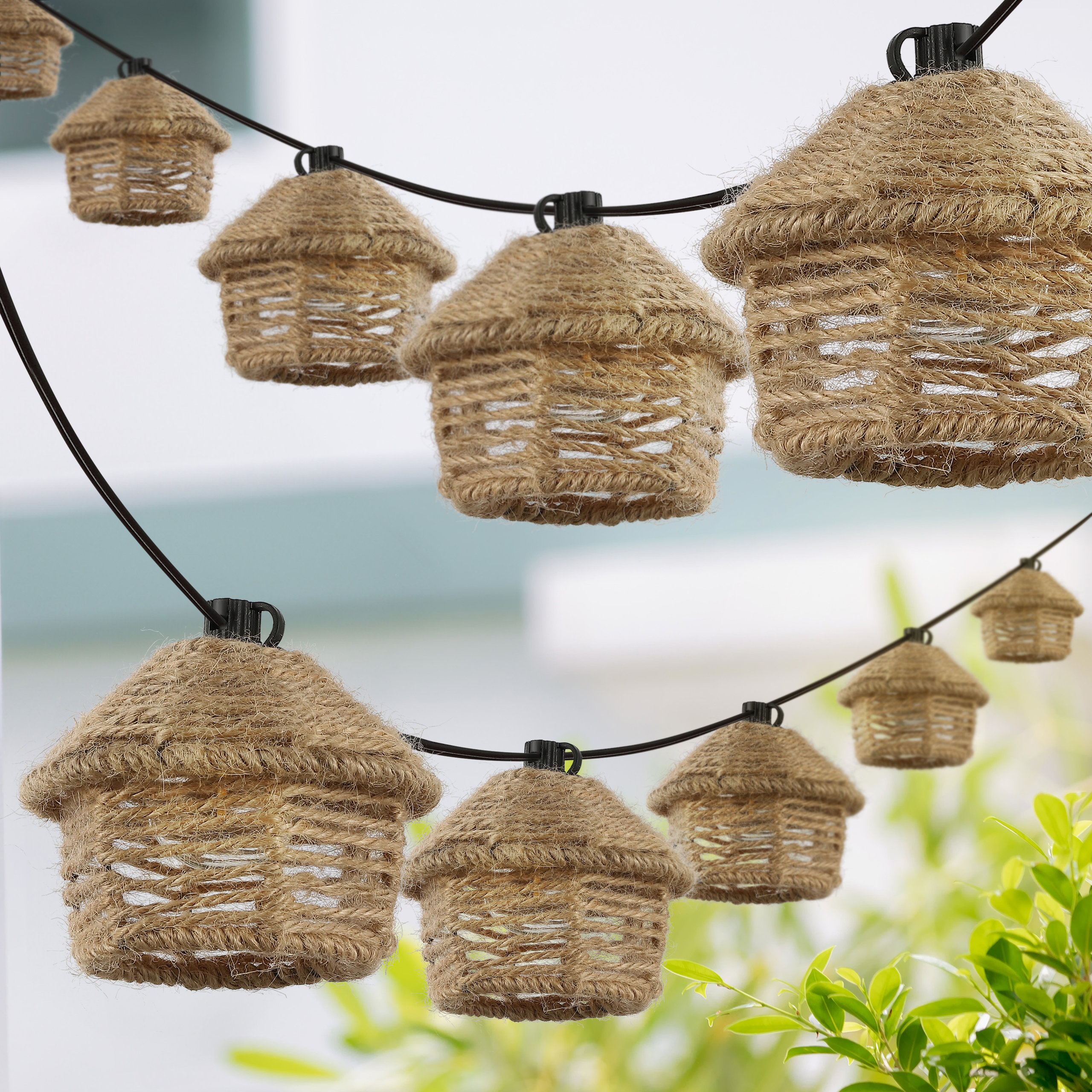 10-Light Indoor/Outdoor 10 ft G40 Tiki Hut Hemp Rope Shaded String ...