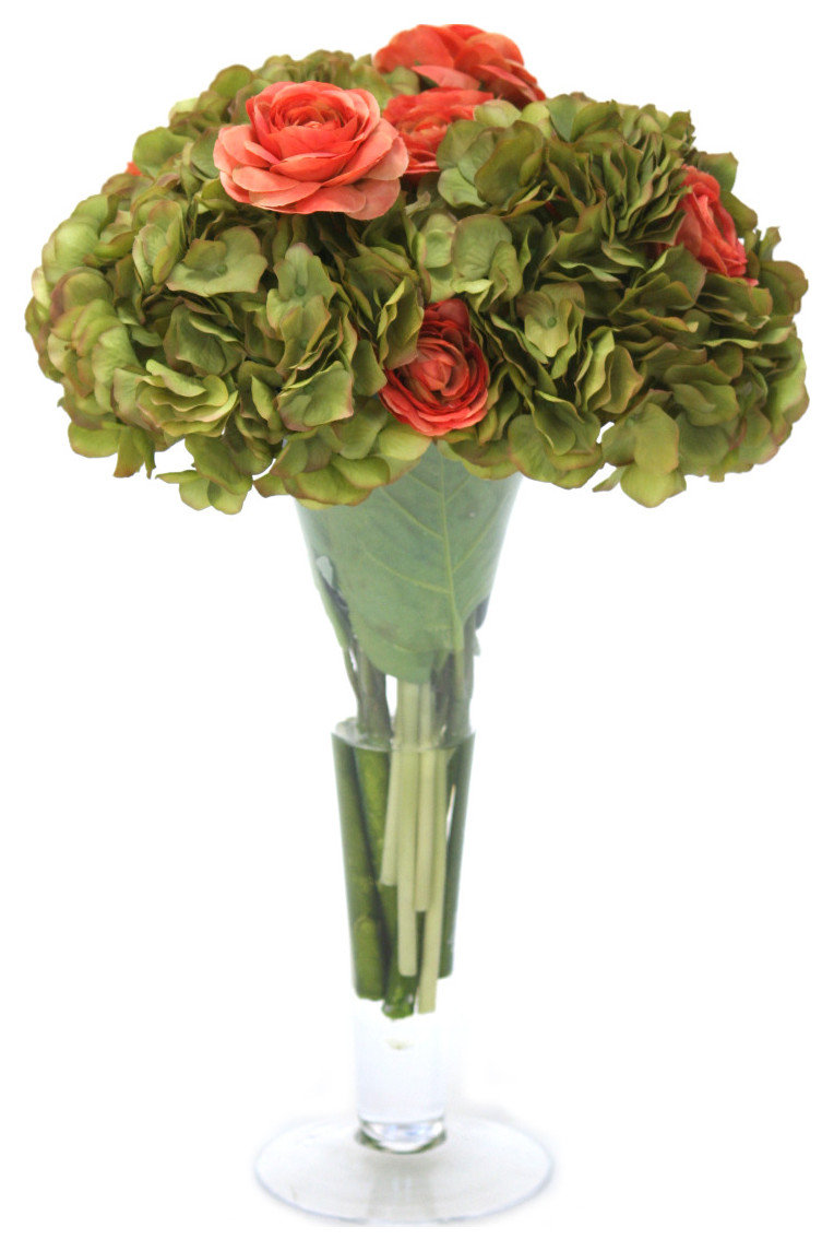 Green Hydrangeas and Coral Ranunculus in Trumpet Vase - Traditional ...