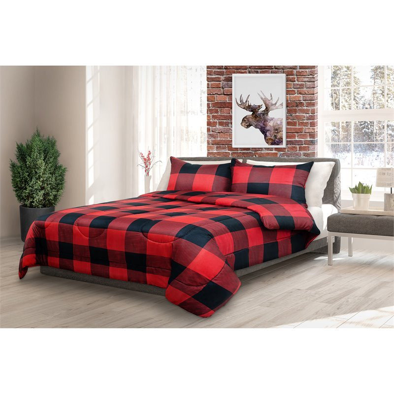 Safdie & Co. 3-piece Polyester Buffalo Plaid King Comforter Set in Red ...