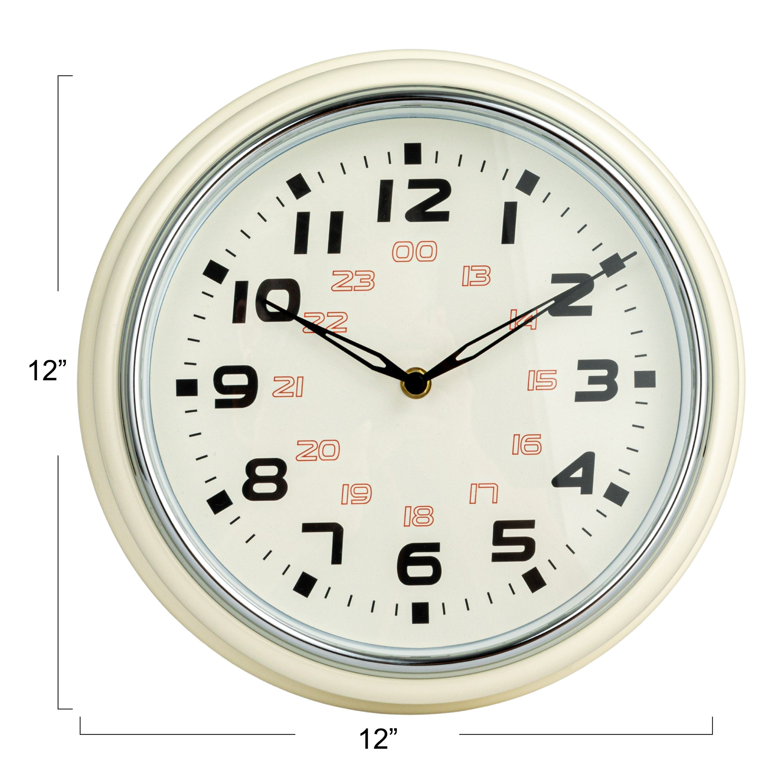 12" Rnd Metal Wall Clock, Chrome Finish, Cream Color - Contemporary ...